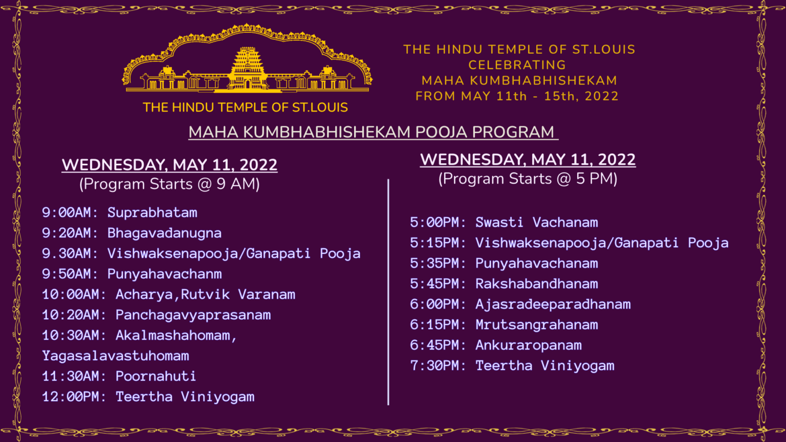MAHA KUMBHABHISHEKAM POOJA SCHEDULE May 11 2022 Hindu Temple Of St maha-kumbhabhishekam-pooja-schedule-may-11-2022-hindu-temple-of-st