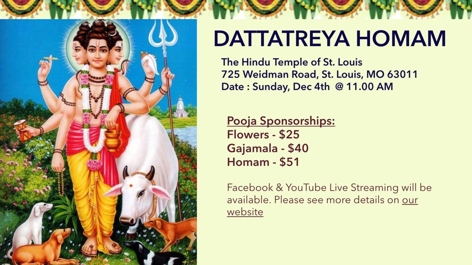 DATTATREYA HOMAM @ 12/04, 11 AM – The Hindu Temple of St. Louis