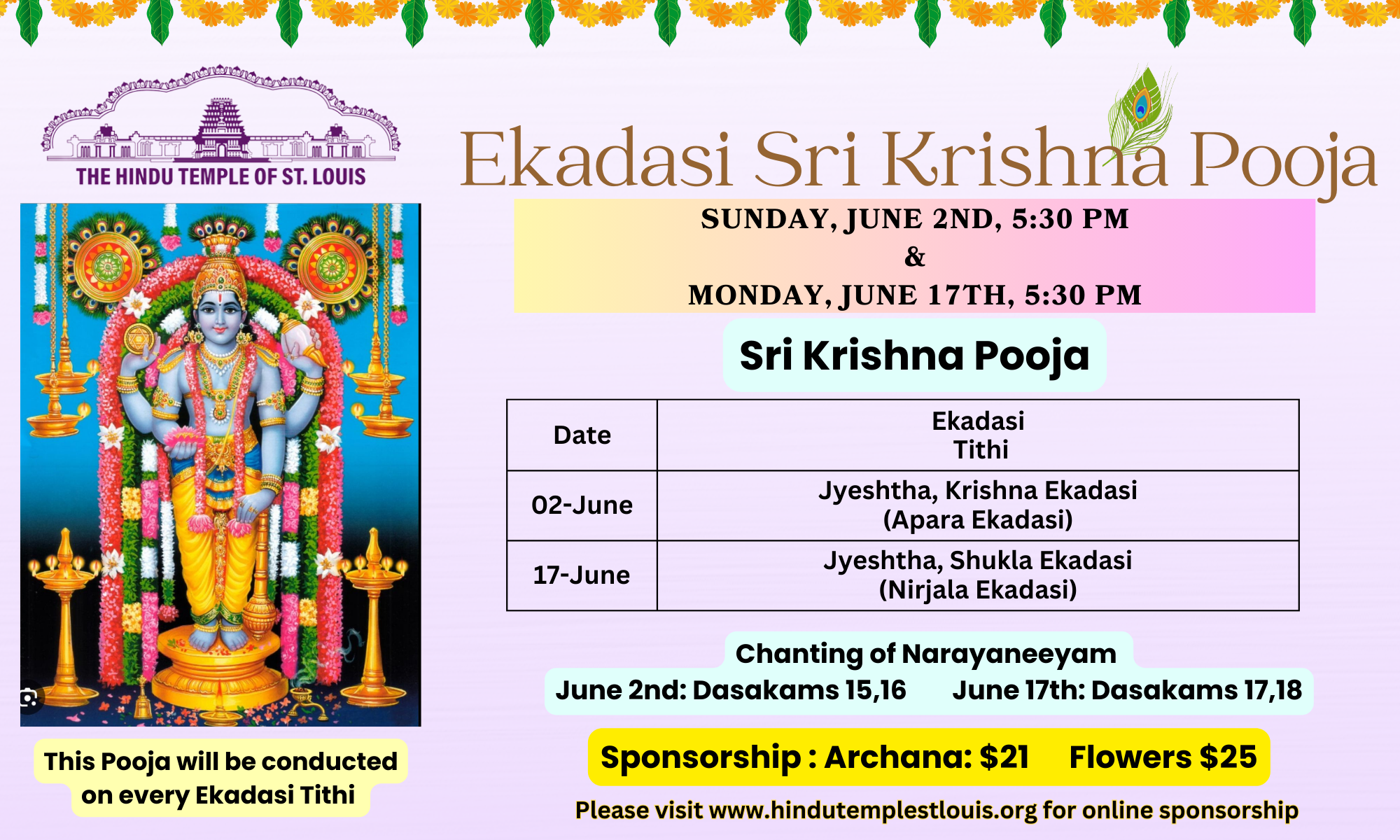Ekadasi Sri Krishna Pooja @ 06/02 & 06/17 5:30 PM – The Hindu Temple of ...